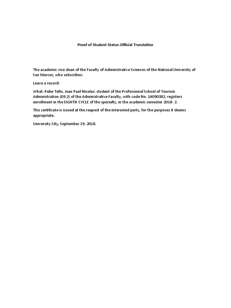 Proof of Student Status Certificate | PDF