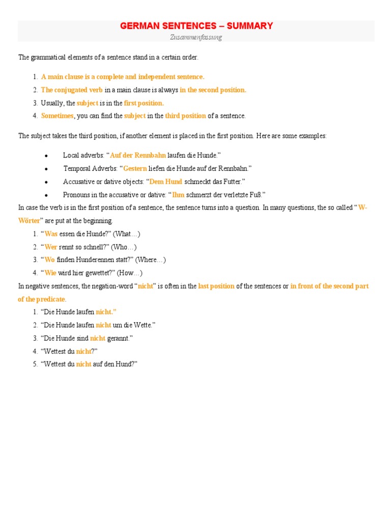 German Sentences - Summary: Zusammenfassung | PDF | Grammatical Tense ...