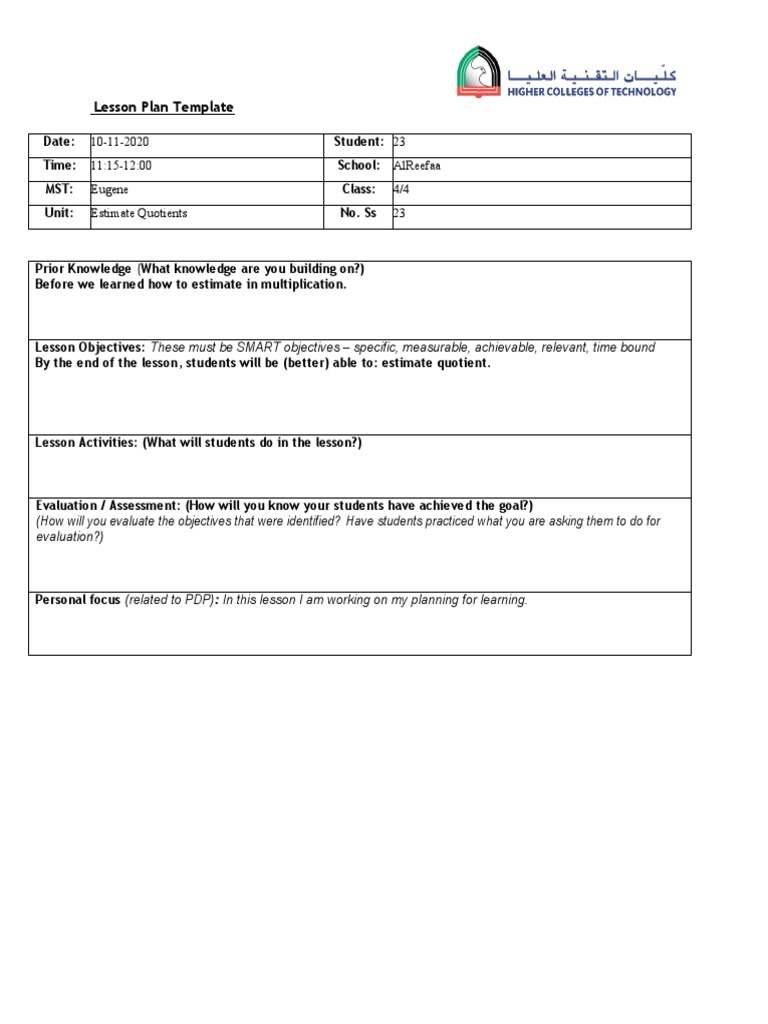 Lesson Plan Estimate Quotient | Download Free PDF | Educational ...