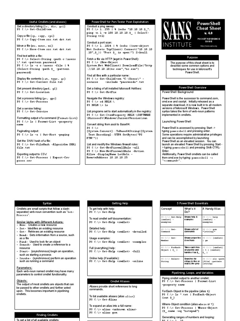 Main - Powershell Cheat Sheet Version 4 Sans Institute | PDF | Windows Registry | Computer ...