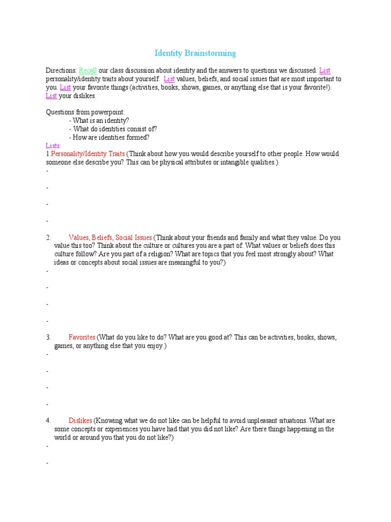 Identity Brainstorm Sheet | PDF | Identity (Social Science) | Idea