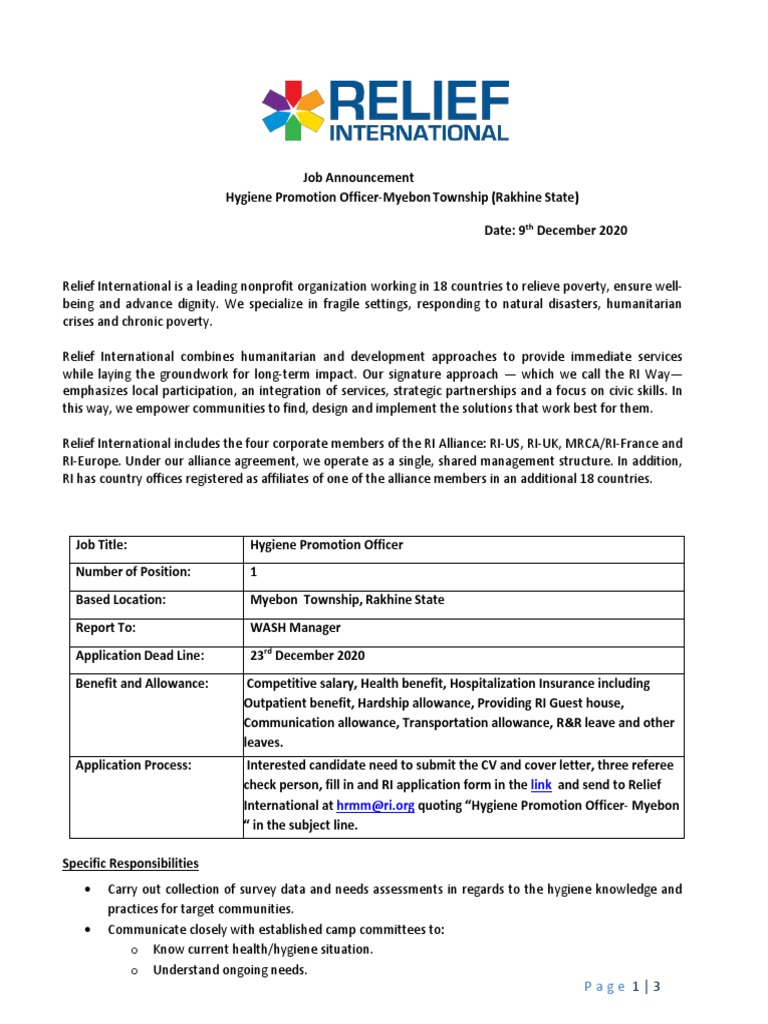 Hygiene Promotion Officer Job in Rakhine | PDF | Wash | Internally ...