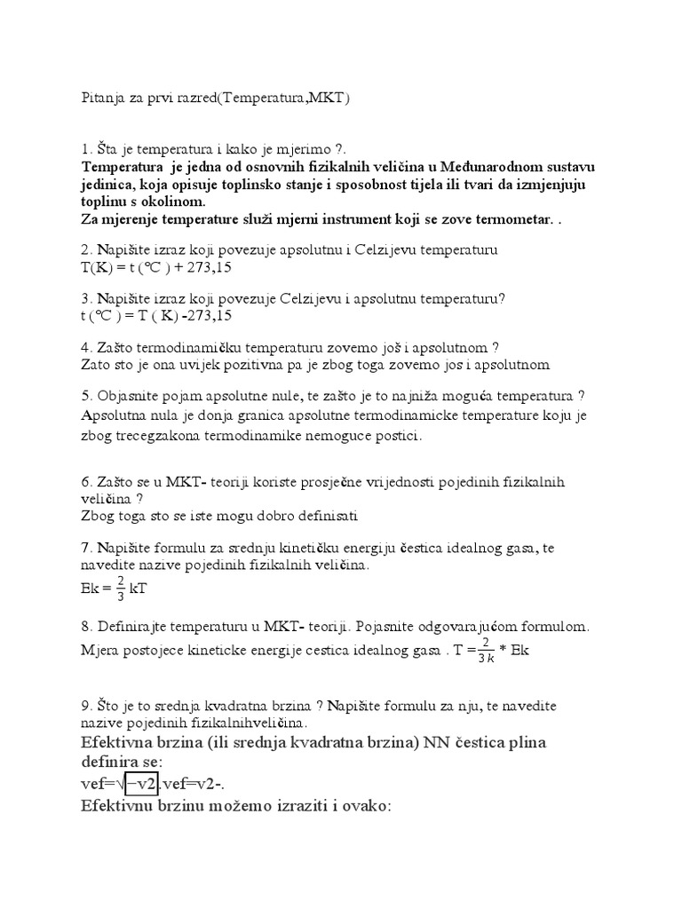 Fizika Temperatura Pitanja | PDF