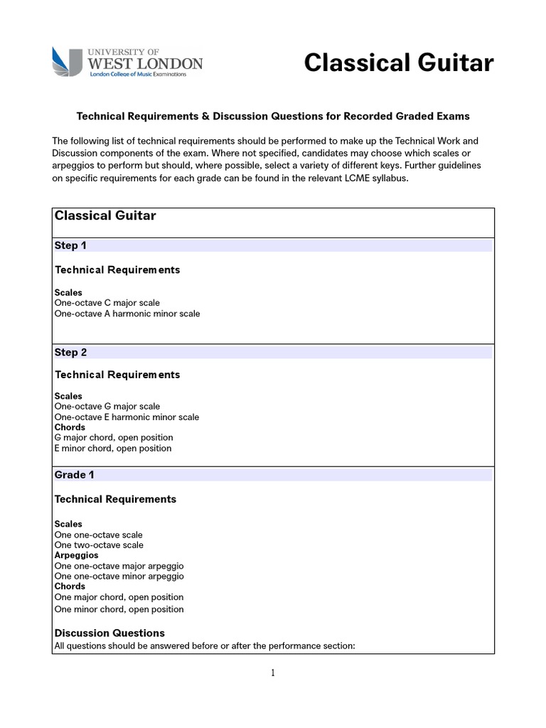 Classical Guitar Exam Technical Guide | PDF | Scale (Music) | Chord (Music)