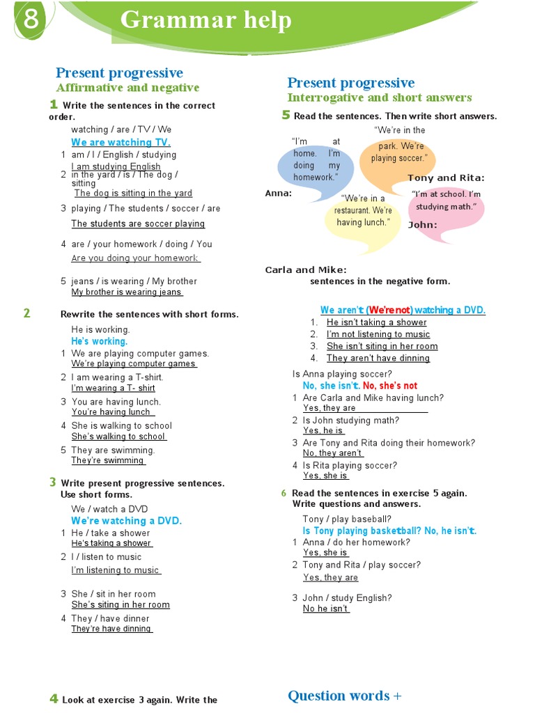 Present Progressive Present Progressive: Affirmative and Negative ...