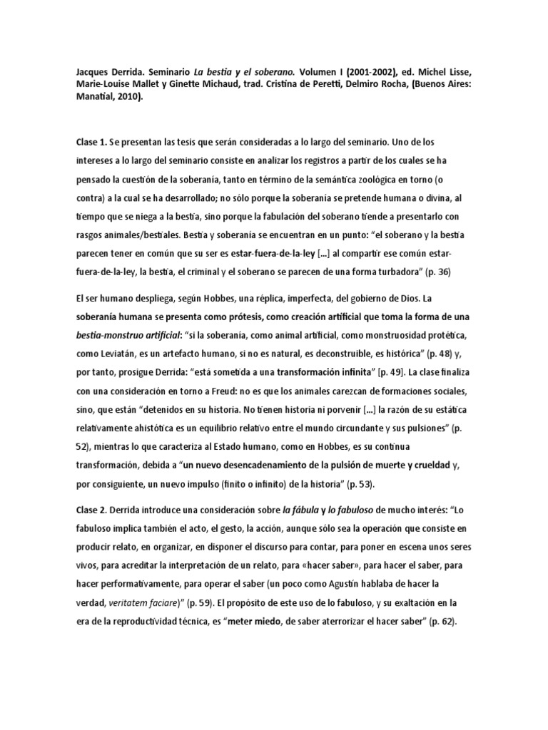 Jacques Derrida - La Bestia y El Soberano - Vol I - Notas | PDF | Soberanía | Logos