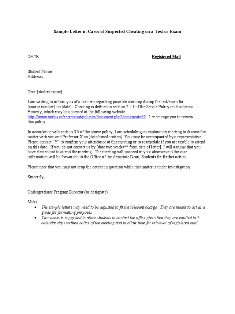 Sample Letter in Cases of Suspected Cheating On A Test or Exam | PDF ...