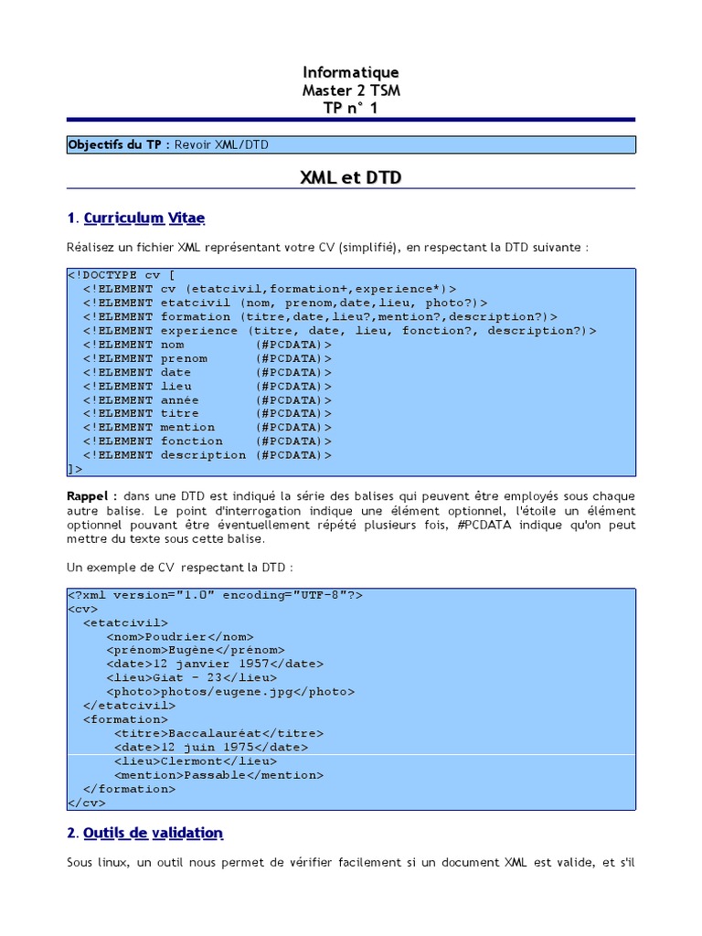 Création d'un CV en XML/DTD | PDF | XML | Langage de balisage