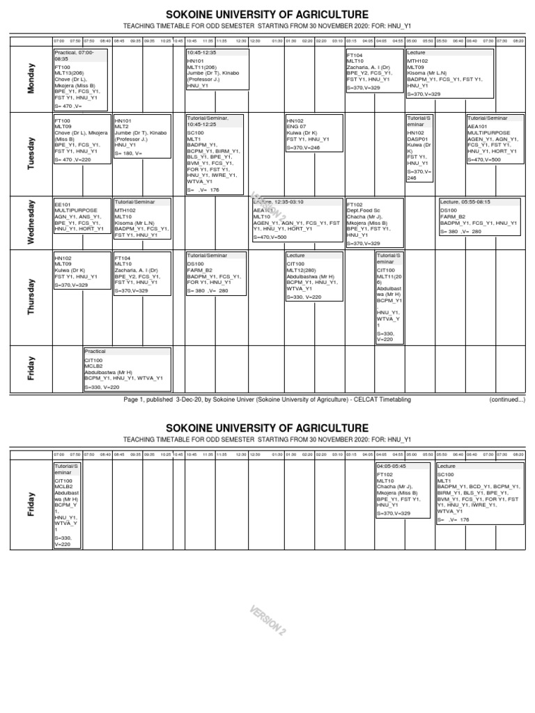 Sokoine University of Agriculture: Teaching Timetable For Odd Semester ...