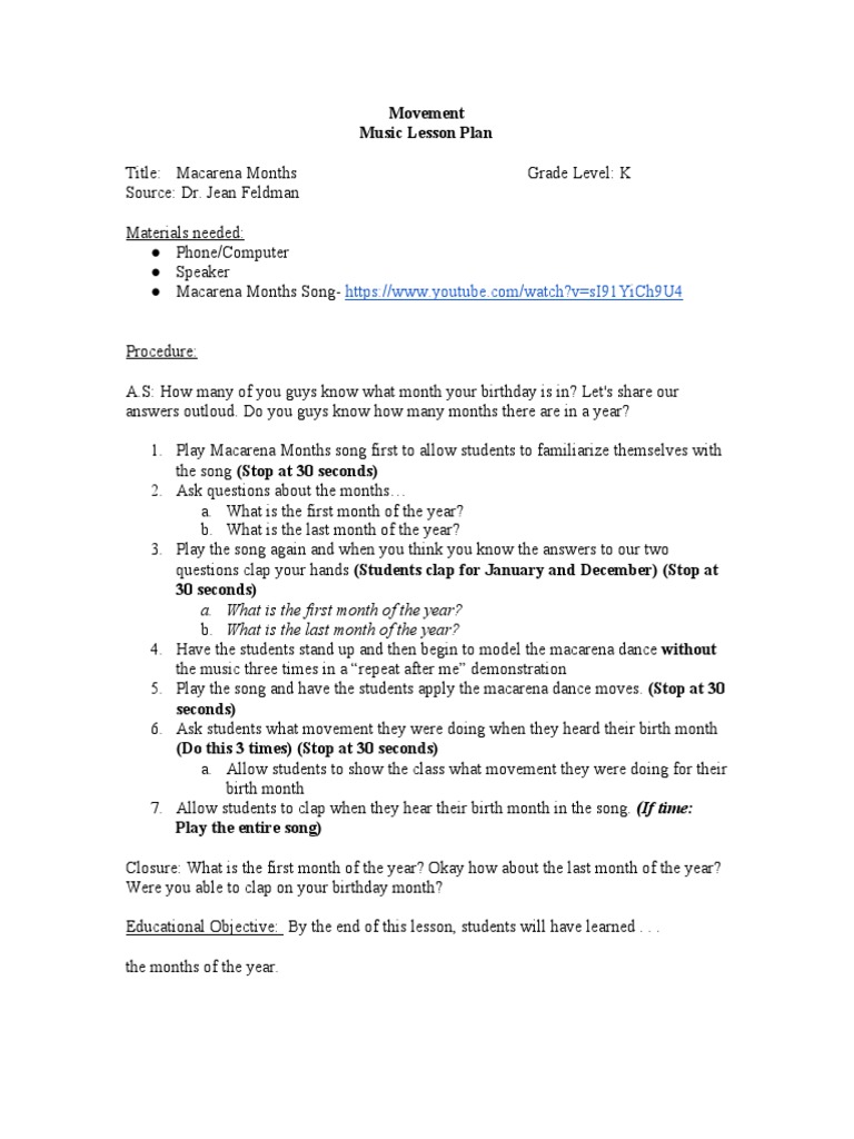 Macarena Months - Movement Lesson Plan | PDF