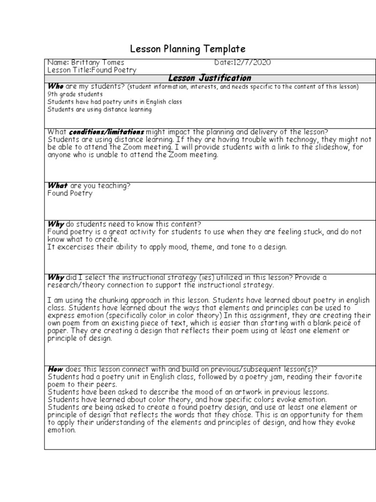 Found Poetry Lesson Planning Template Edtpa | PDF | Question | Sentence ...