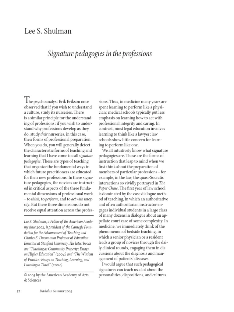 Signature Pedagogies in The Professions: Lee S. Shulman | PDF | Pedagogy | Teachers