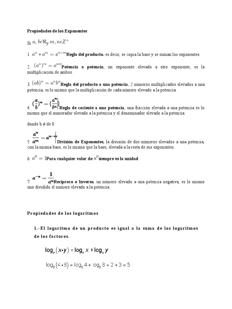 Propiedades de los Exponentes y logaritmos