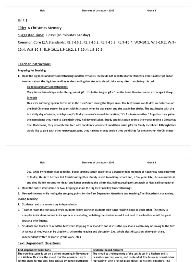 A Christmas Memory. Lesson - Anthology | PDF | Question | Word