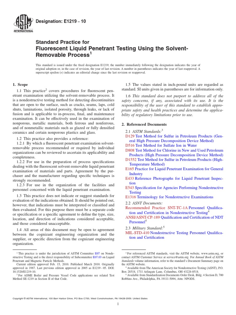 E1219-10 Standard Practice For Fluorescent Liquid Penetrant Testing ...