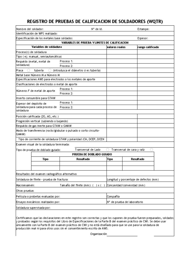 Formato WQTR 1 | PDF | Soldadura | Construcción