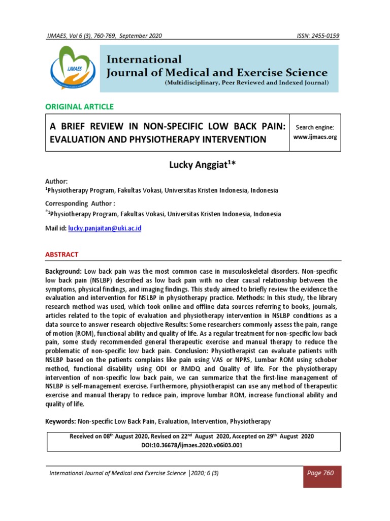 A Brief Review in Non-Specific Low Back Pain: Evaluation and ...