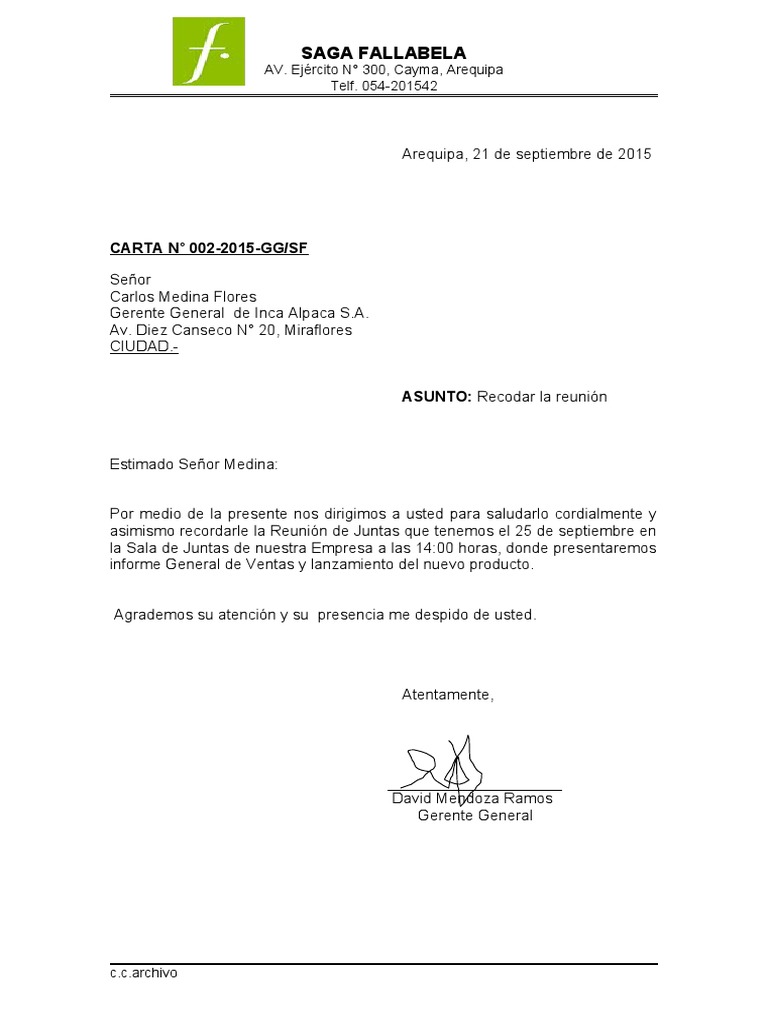 Ejemplo De Carta De Recordatorio De Reunión REUNIONES DE APODERADOS