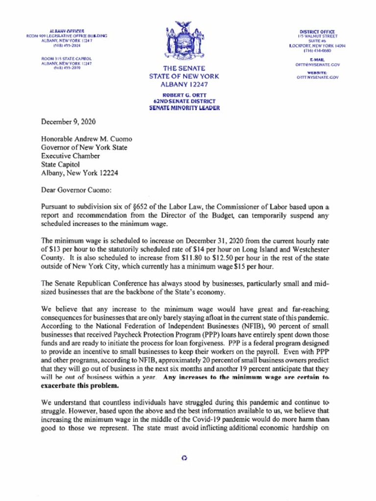 Minimum Wage Letter To Governor | PDF