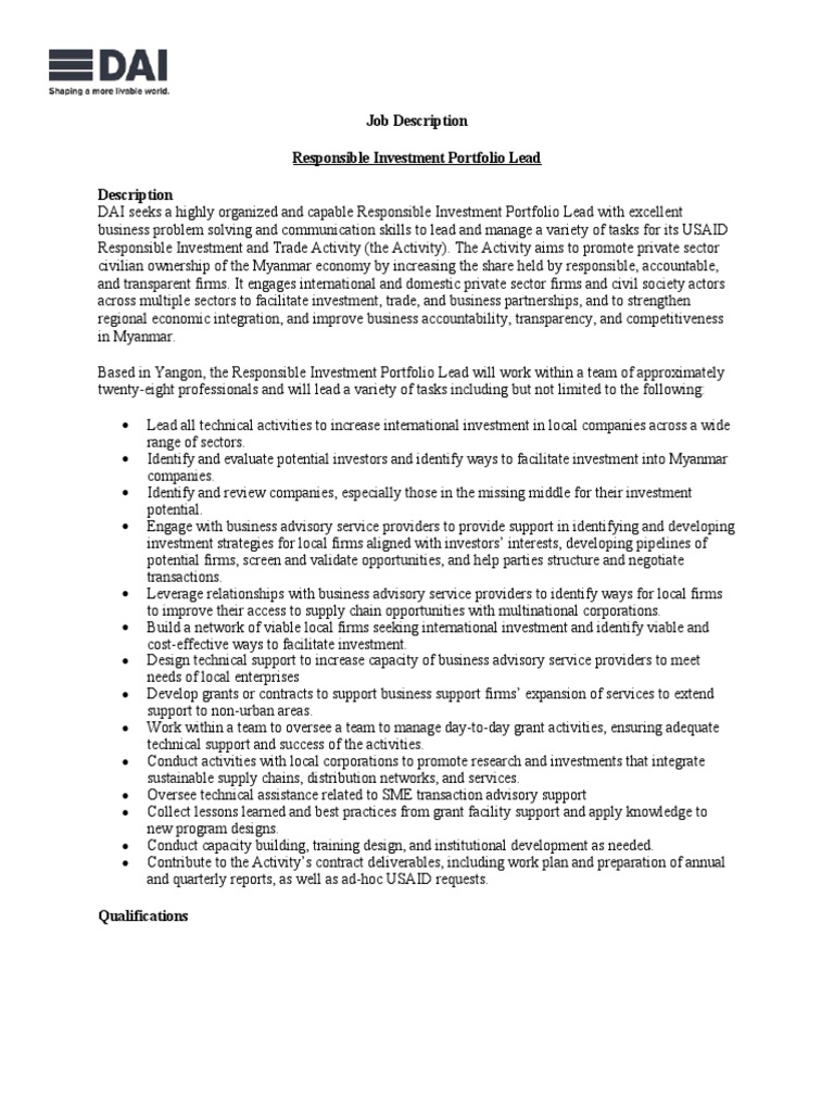 Responsible Investment Portfolio Lead SOW Final 8 Dec 2020 | PDF ...