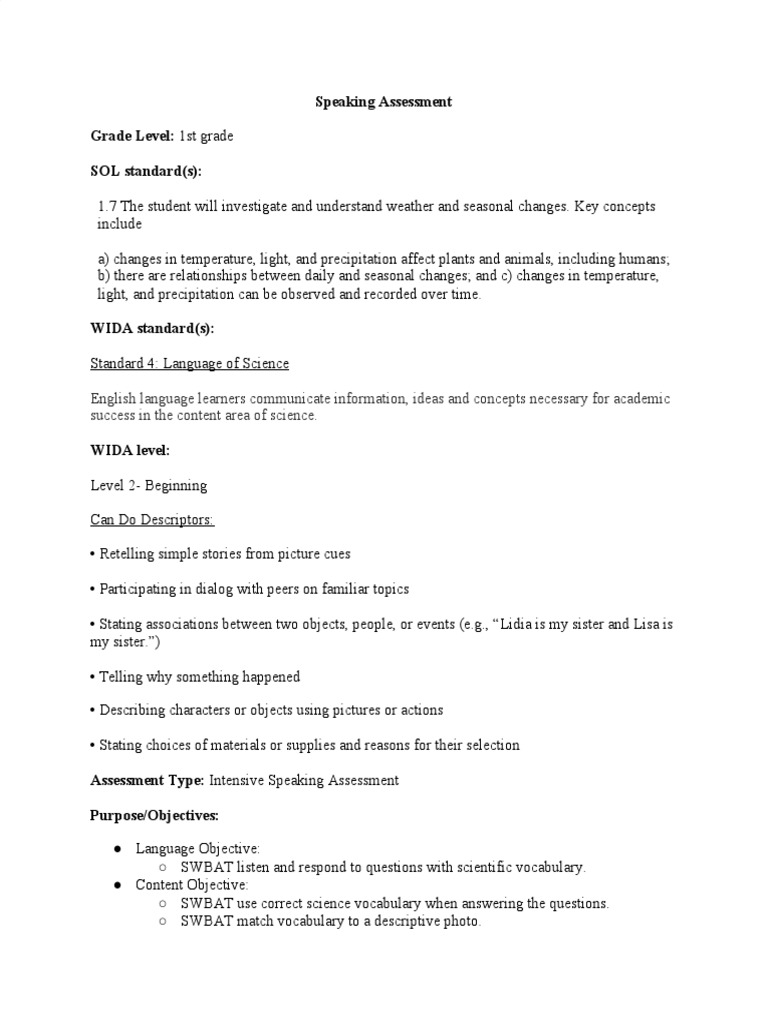 Speaking Assessment | PDF | Question | Vocabulary