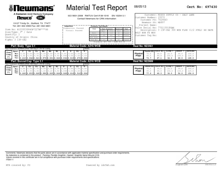Material Test Report: Cert No: 697430 | PDF | Mechanical Engineering ...