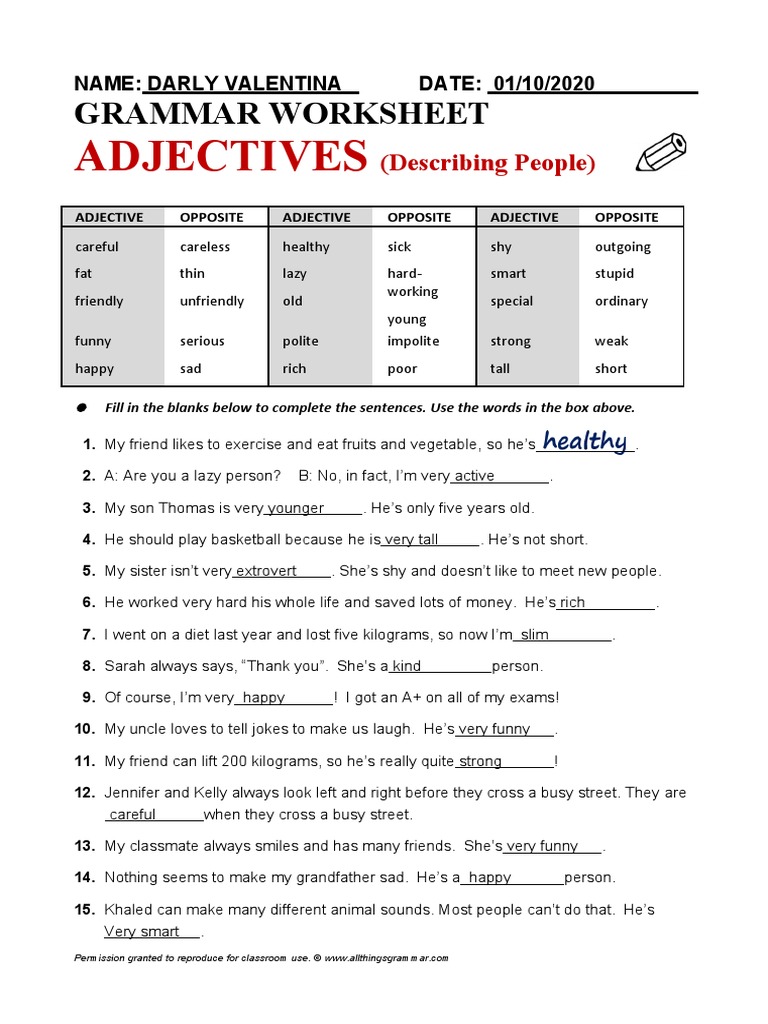 Adjectives 1 Oct Worksheet | PDF
