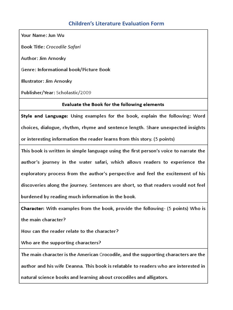 Children's Literature Evaluation Form: Scholastic/2009 | PDF ...