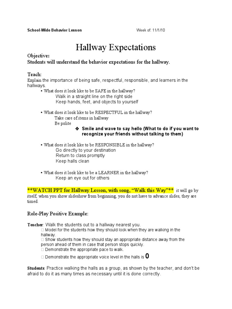 Hallway Behavior Expectations Lesson | PDF | Language Arts & Discipline