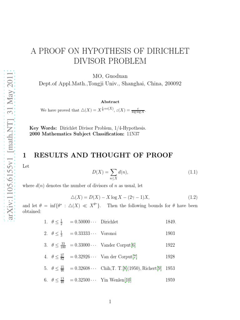 A proof of the 1/4-hypothesis of the Dirichlet divisor problem | PDF | Mathematical Concepts ...
