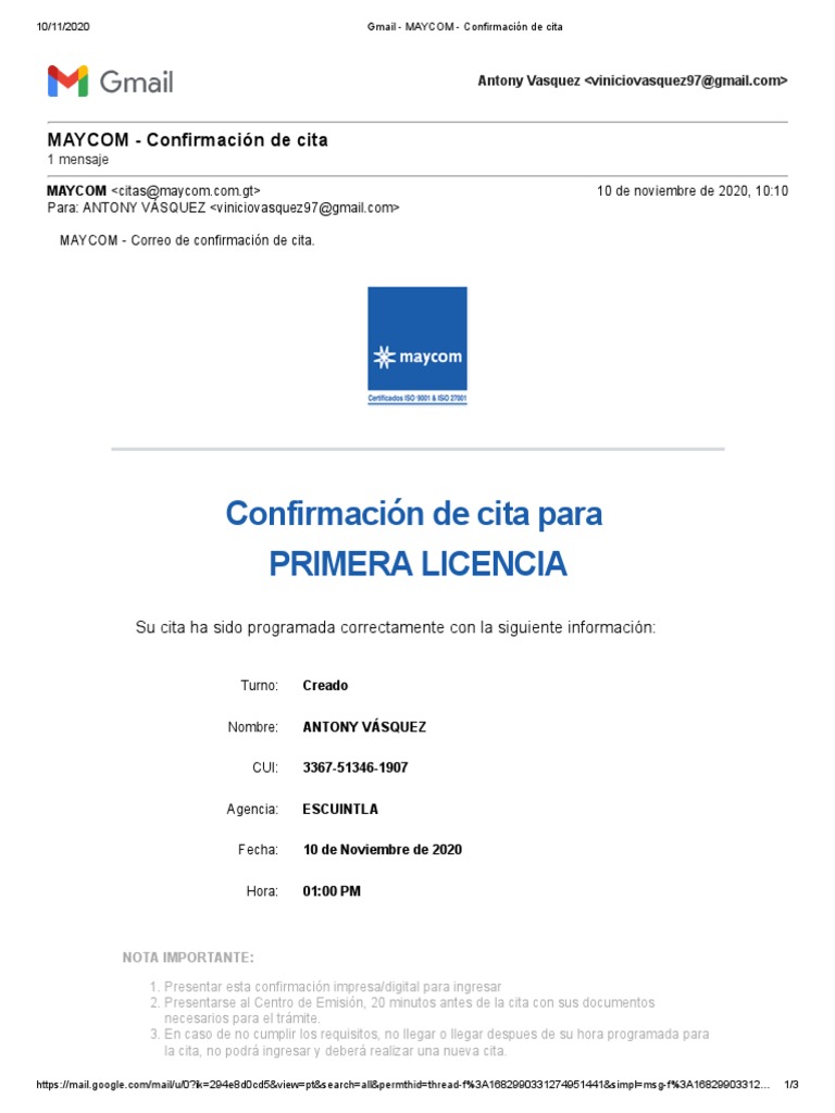 Gmail - MAYCOM - Confirmación de Cita PDF | PDF | Informática y tecnología de la información