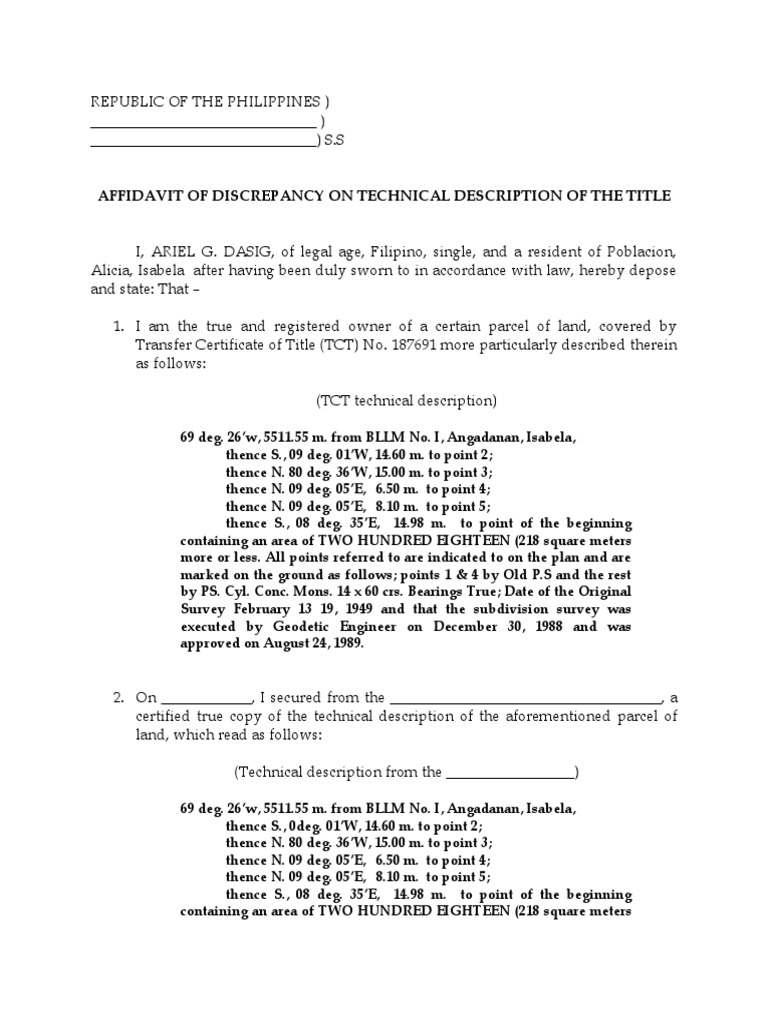 Affidavit Seeking Correction of an Erroneous Technical Description in a ...