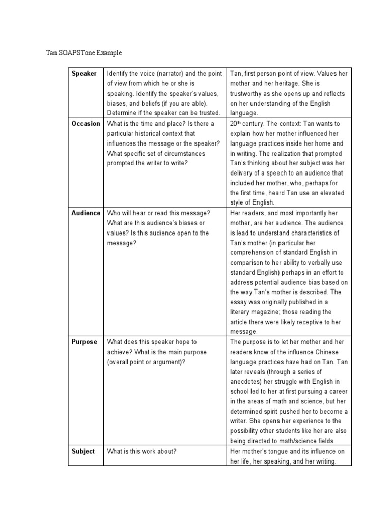 Tan SOAPSTone Example | PDF | English Language | Bias