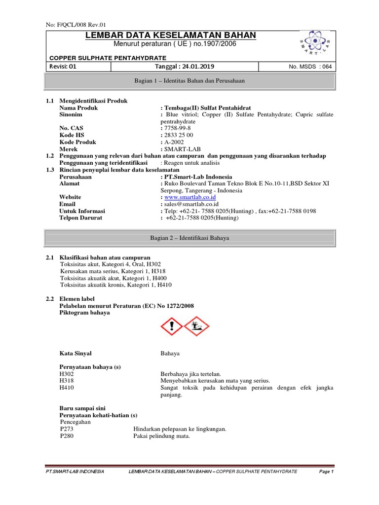 MSDS Copper Sulphate Pentahydrate (Indo) | PDF