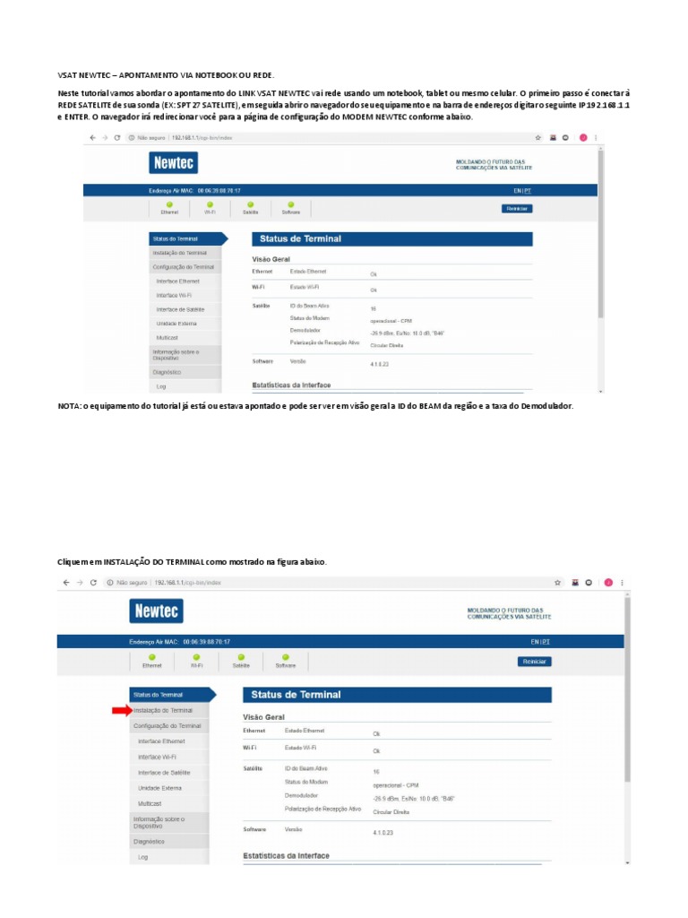 Apontamento VSAT Newtec via Notebook | PDF