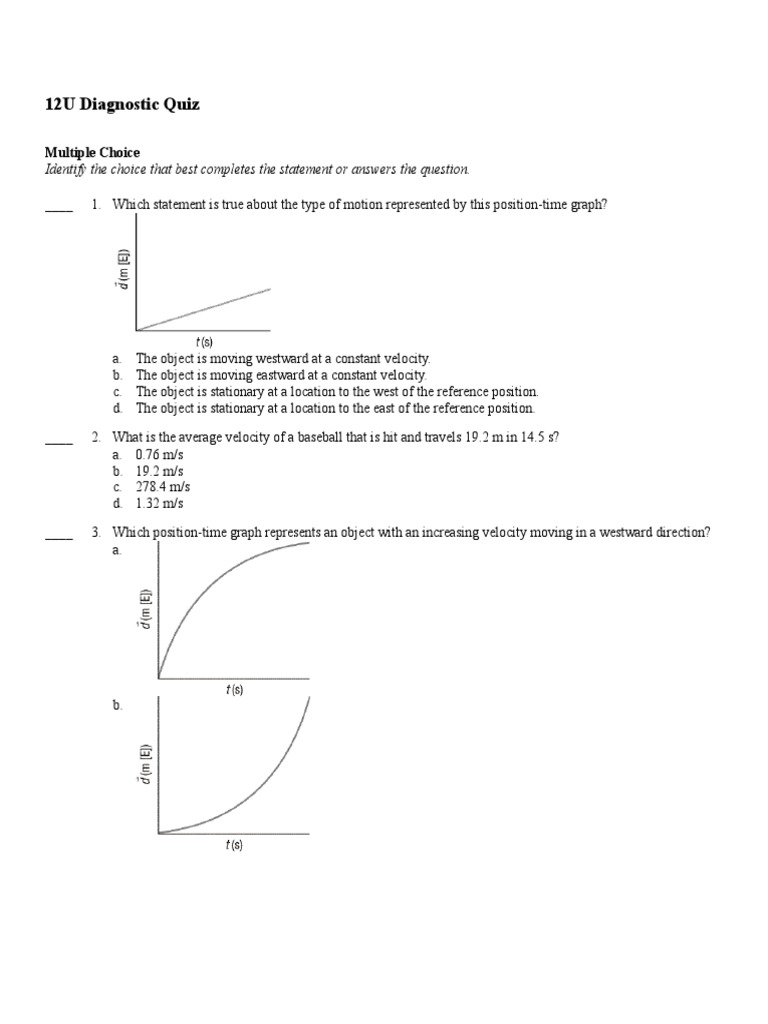 12U Diagnostic Quiz Multiple Choice Physics | PDF | Velocity | Force