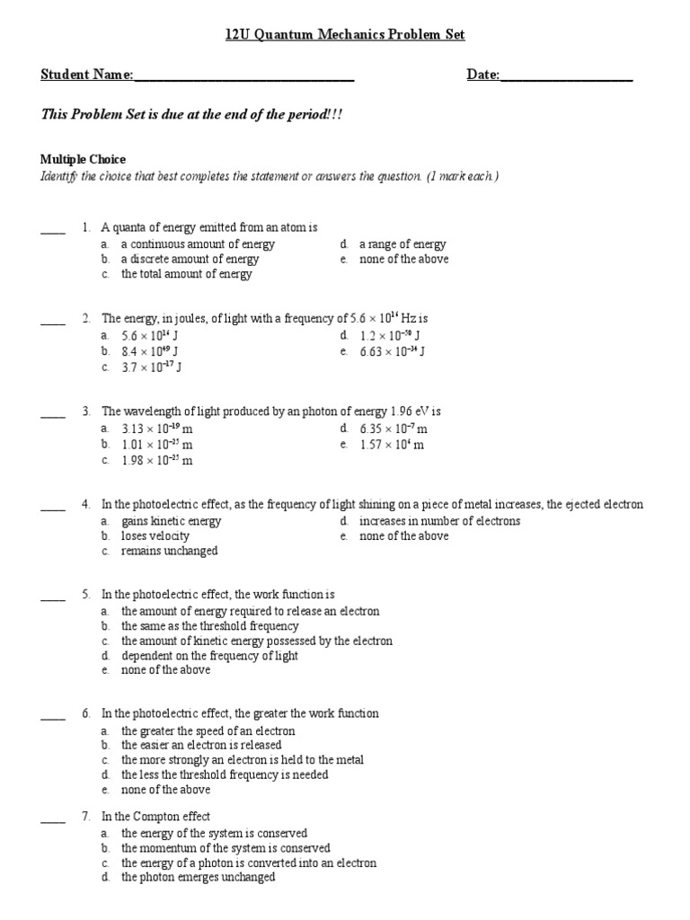 Quantum Mechanics Problem Set 12U | PDF | Photoelectric Effect ...