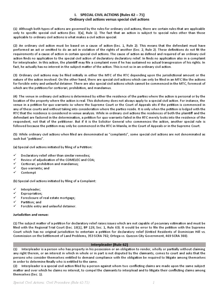 I. Special Civil Actions (Rules 62 - 71) Ordinary Civil Actions Versus ...