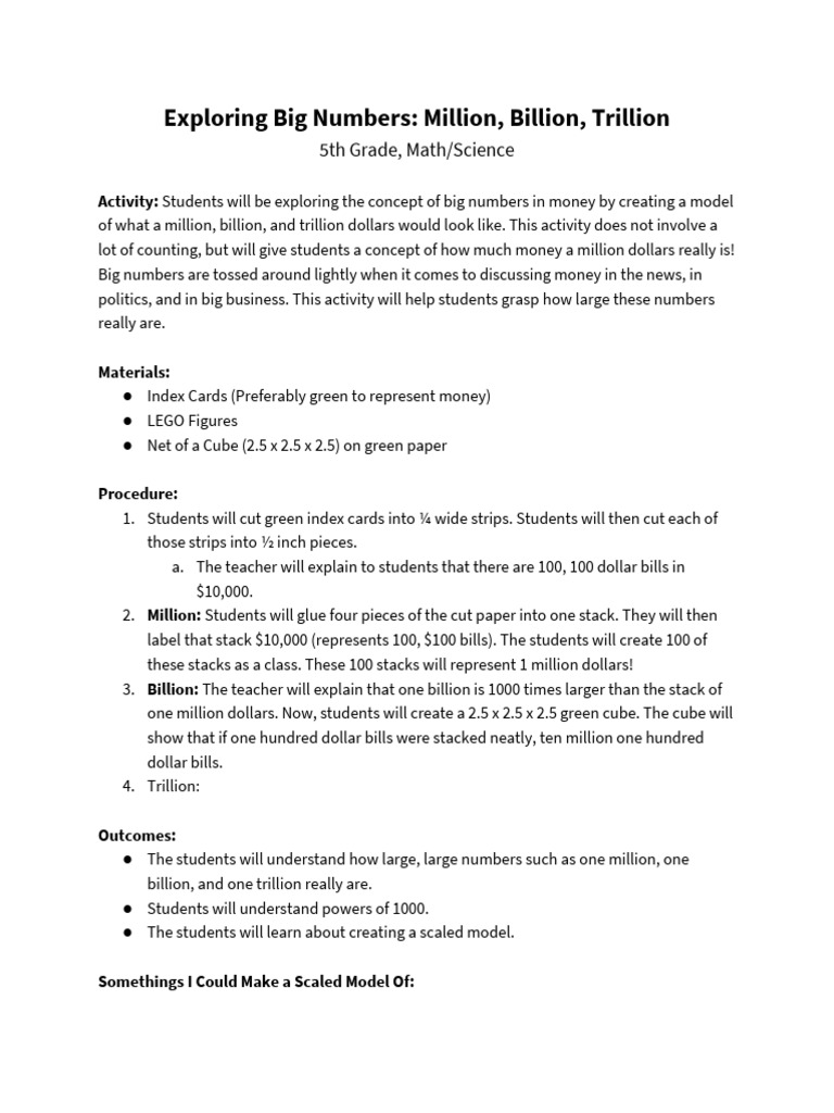 Exploring Big Numbers Million Billion Trillion | PDF