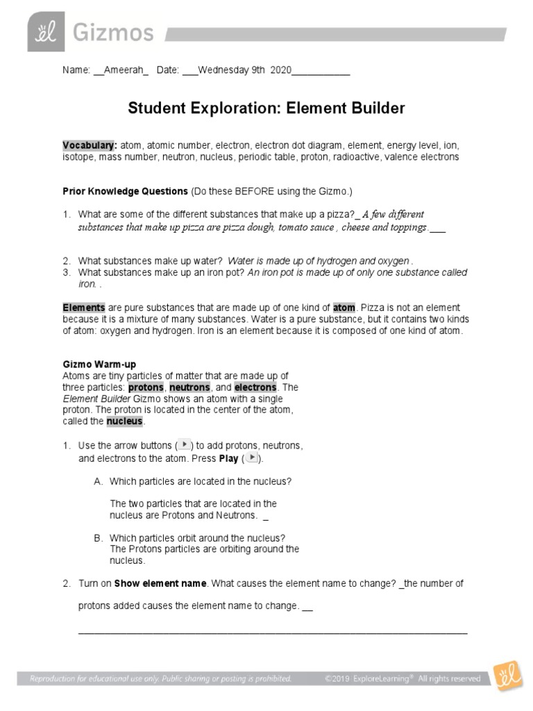 Student Exploration: Element Builder | PDF | Atoms | Proton