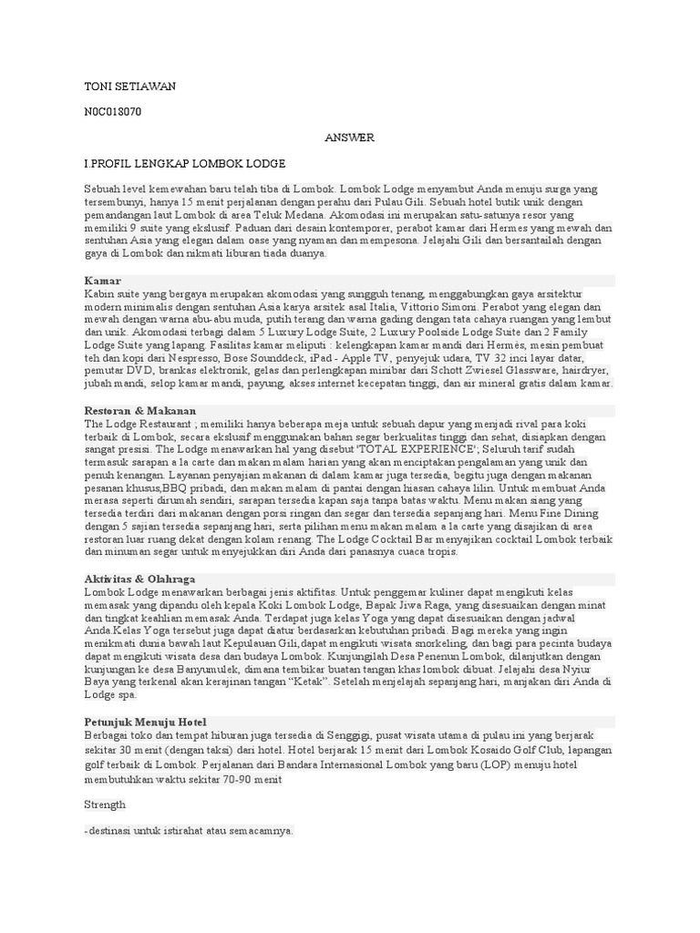 TONI SETIAWAN Lombok Lodge N0C018070 | PDF