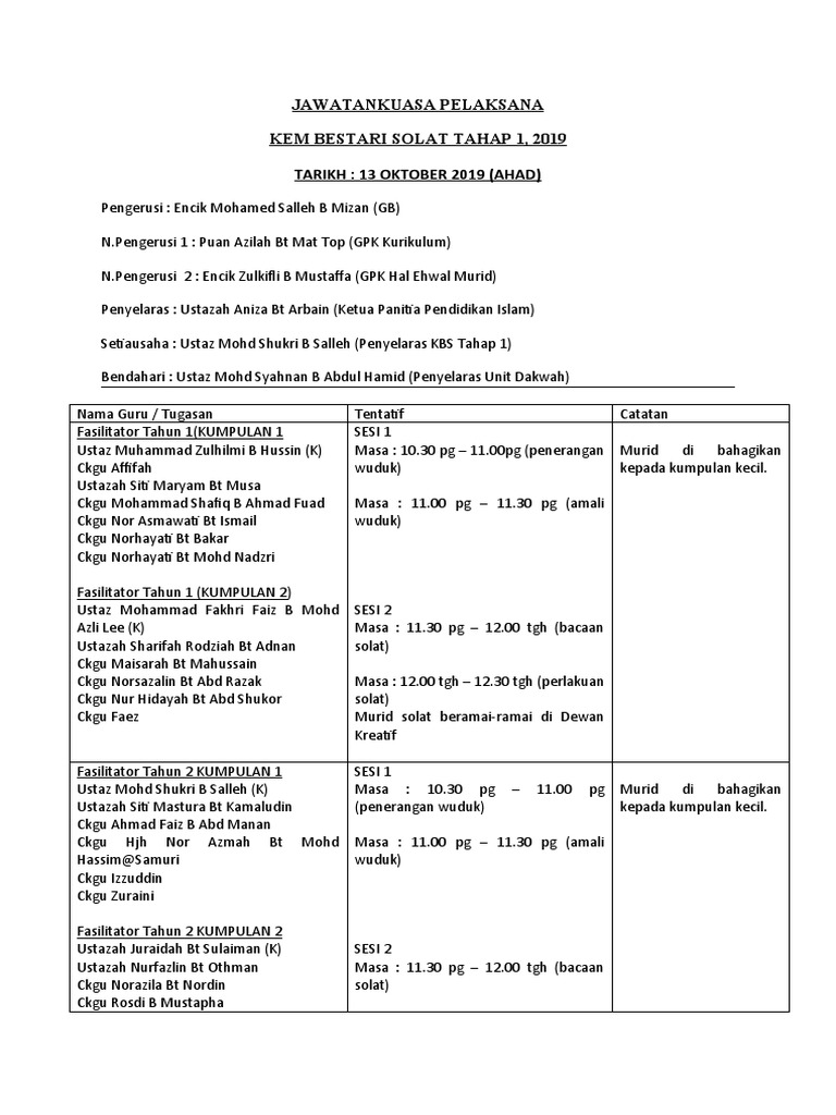 Jawatankuasa Pelaksana Kem Bestari Solat 2 | PDF