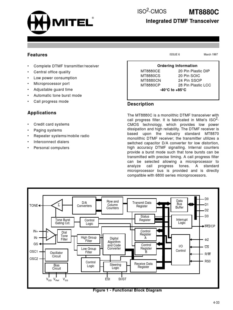 mt8880 PDF | PDF | Operational Amplifier | Amplifier