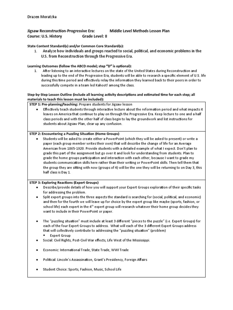 Jigsaw Reconstruction-Progressive Era: Middle Level Methods Lesson Plan ...