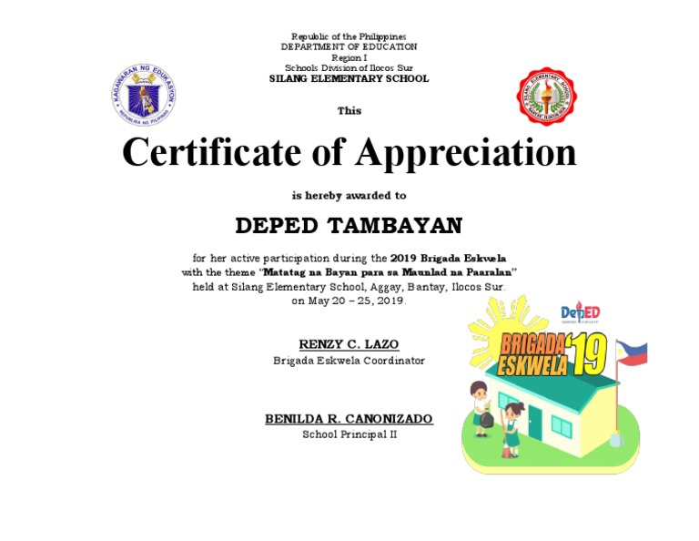 Certificate of Appreciation for DEPED TAMBAYAN | PDF