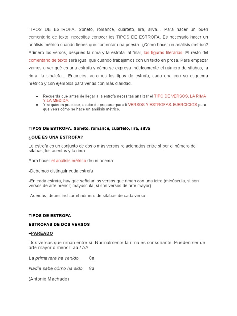 Tipos de Estrofa | PDF | Metro (poesía) | Recursos poéticos