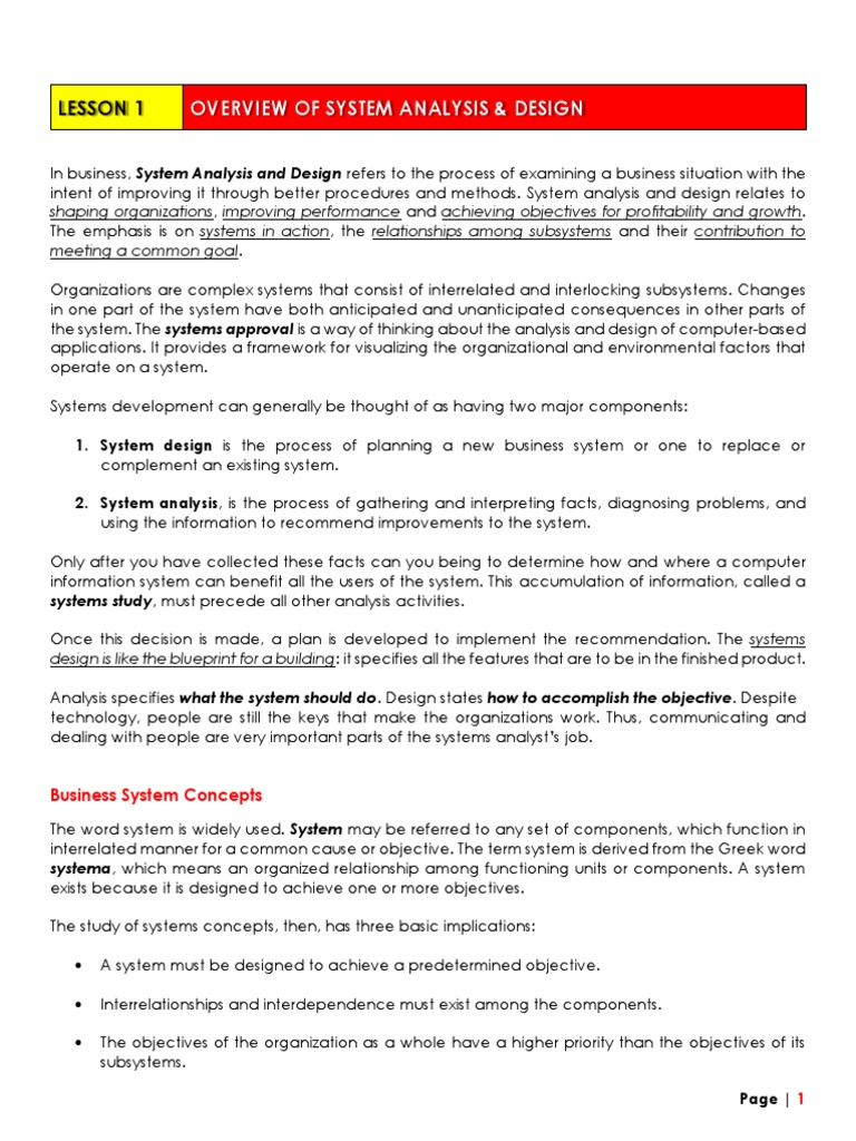LESSON 1 - Overview of System Analysis & Design | PDF | System ...
