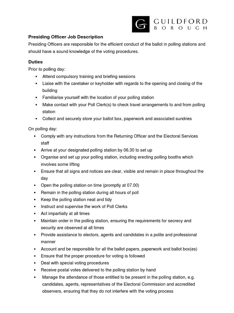 Presiding Officer Duties for Elections | PDF | Polling Place | Postal ...