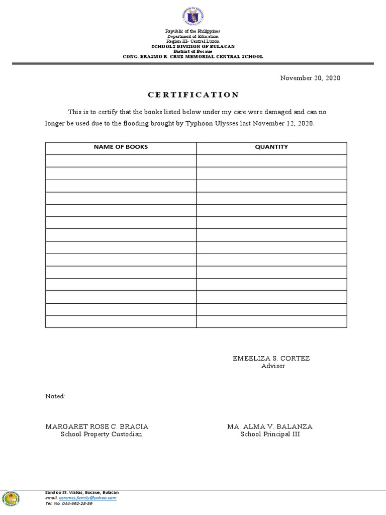 Certification of Damaged Books | PDF