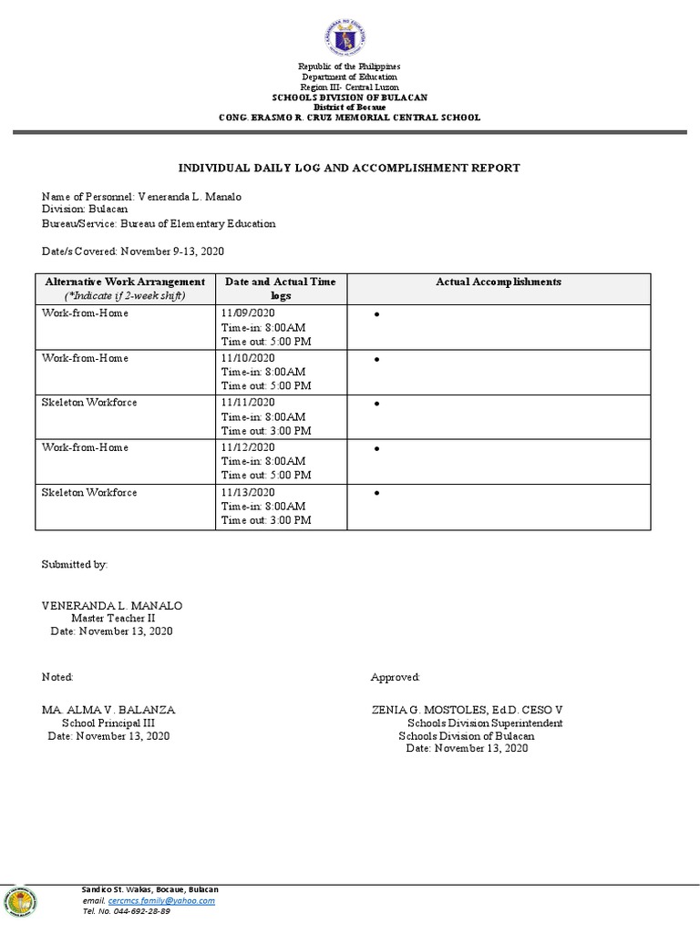 Individual Daily Log and Accomplishment Report: ( Indicate If 2-Week ...